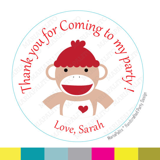 Sock Monkey Stickers Party Personalized Sock Monkey PRINTED Round ...